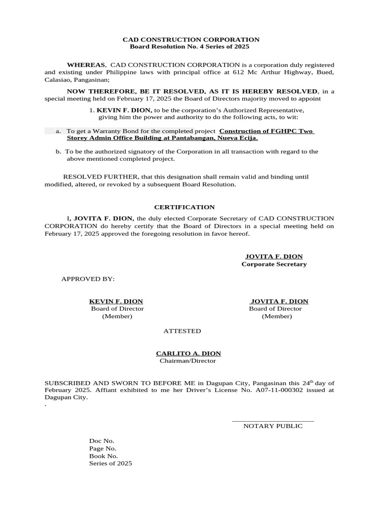 BOARD RESOLUTION - Warranty Bond | PDF