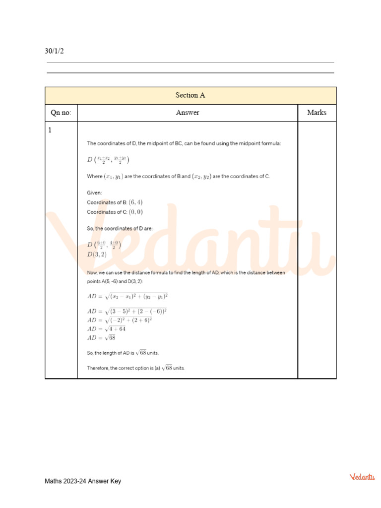 Maths 2023-24 Answer Key | PDF