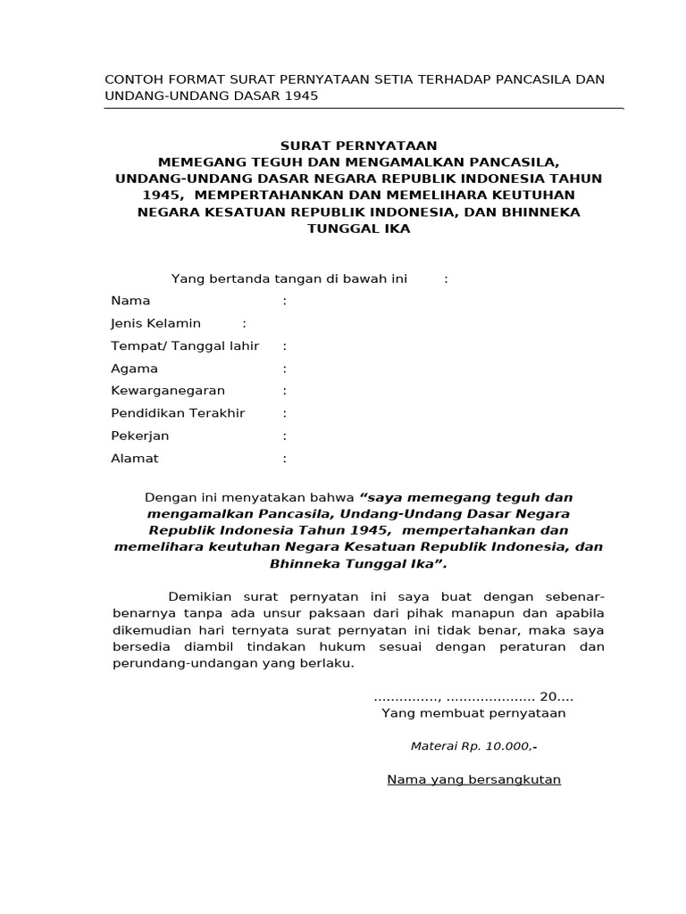 Surat Pernyataan Setia Pancasila 1945 | PDF