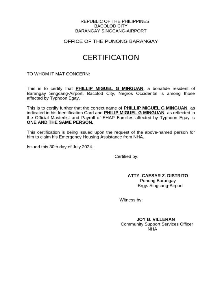 Barangay Certification Singcang Airport | PDF