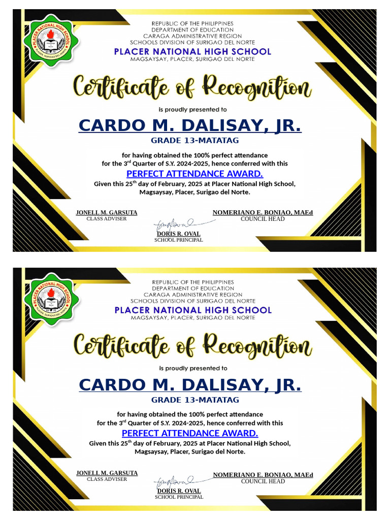 Cert Perfect Attendance Q3 | PDF