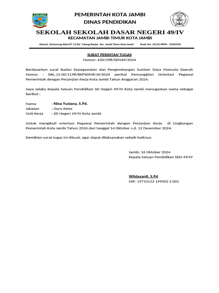 Surat Perintah Tugas Orientasi Nina | PDF