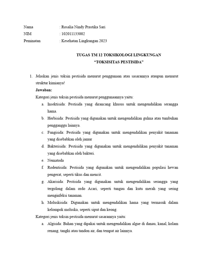 Rosalia Nindy Prastika Sari - 102011133002 - Tugas TM 12 - Toksisikologi Lingkungan | PDF