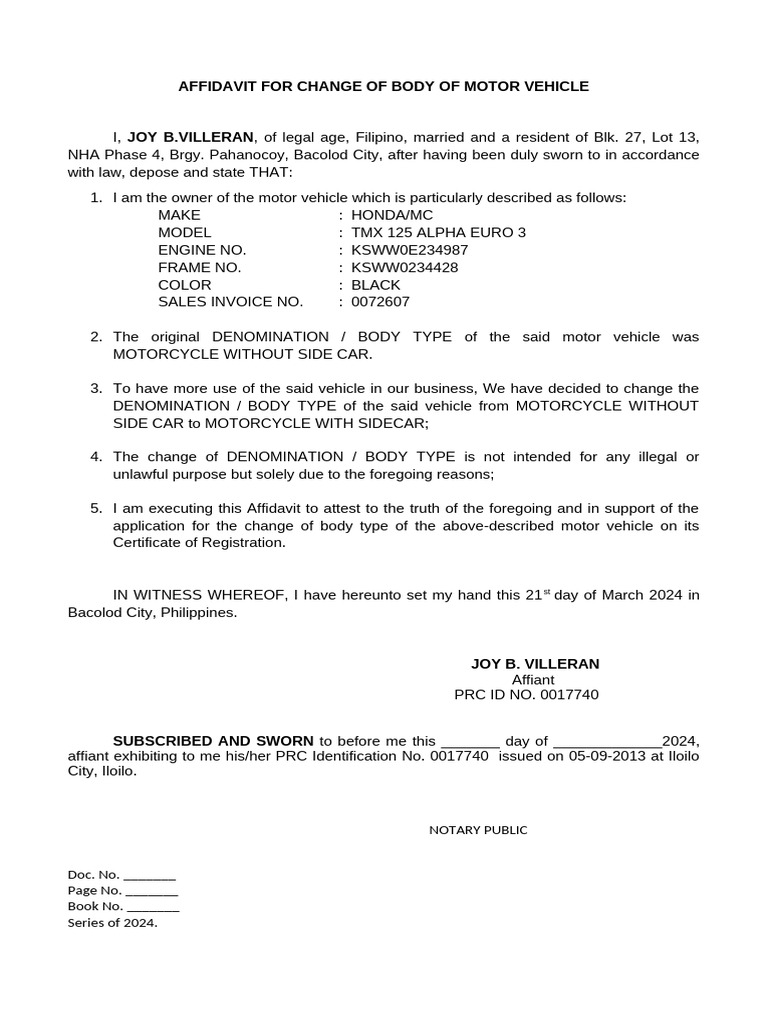 Affidavit for Motorcycle Body Change | PDF