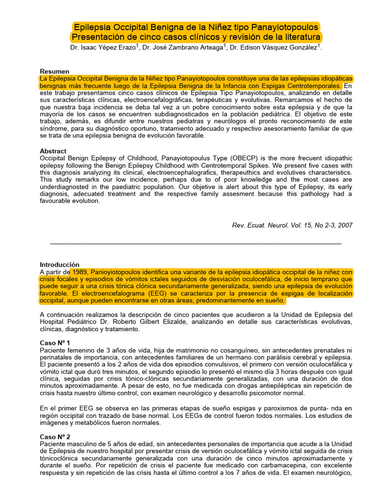 Epilepsia Occipital Benigna de La Niñez Tipo Panayiotopoulos ...