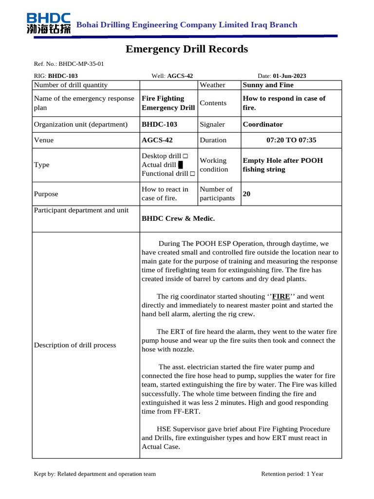 BHDC-103 Fire Fighting Emergency Drill 01-06-2023 | PDF | Firefighting ...