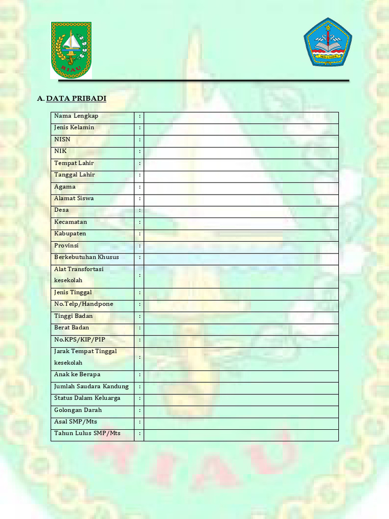 Formulir Data Diri Calon Siswa Ok | PDF