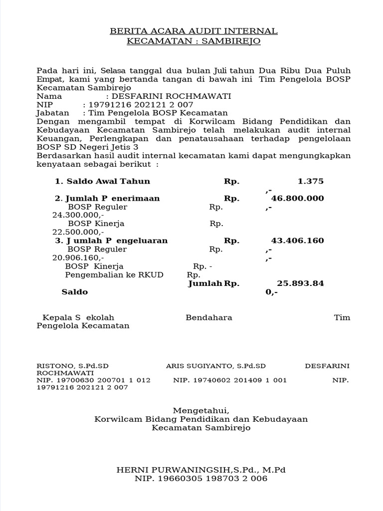 Berita Acara Audit Internal Bosp Kecamatan Tahun 2024 | PDF