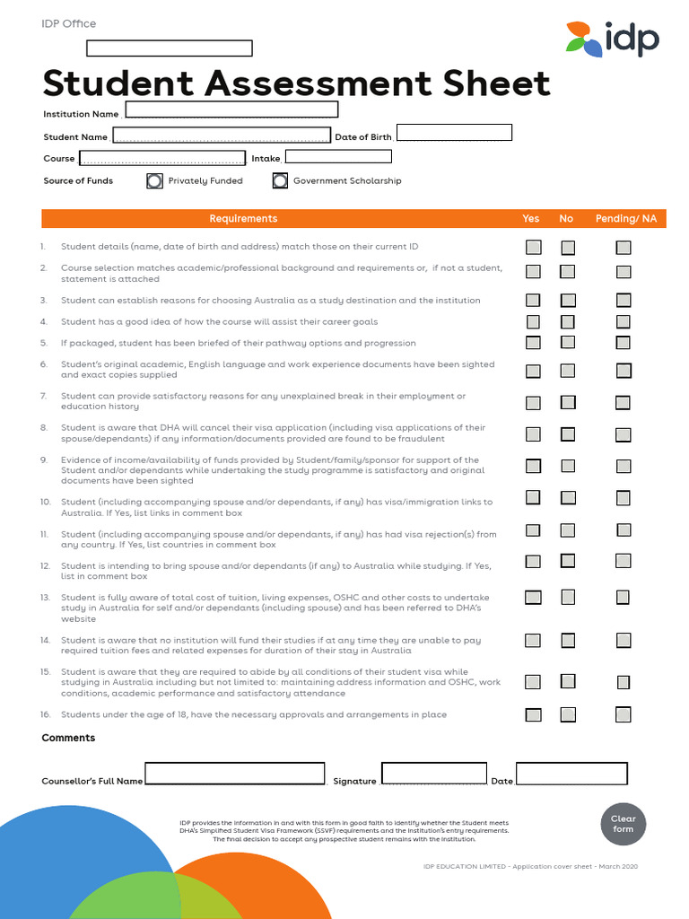 IDP Student Assessment Sheet | PDF | Travel Visa