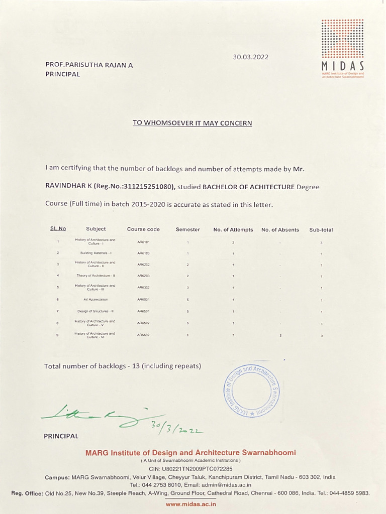 Backlog Letter - Ravindhar | PDF