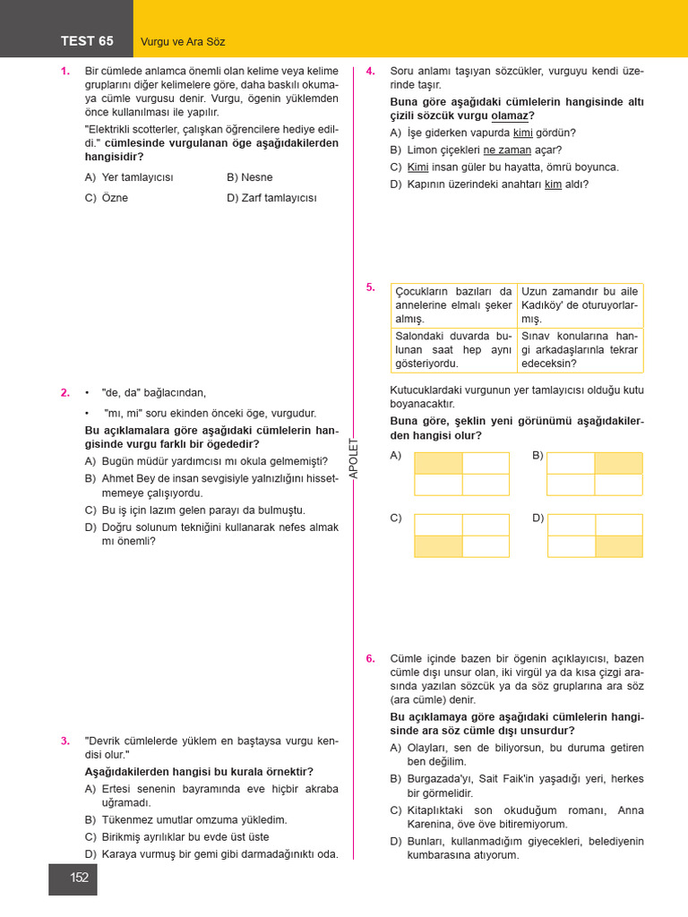Apolet Yayinlari 8.sinif 16.hafta Türkçe Ödevi̇ Test 65-66-67 | PDF