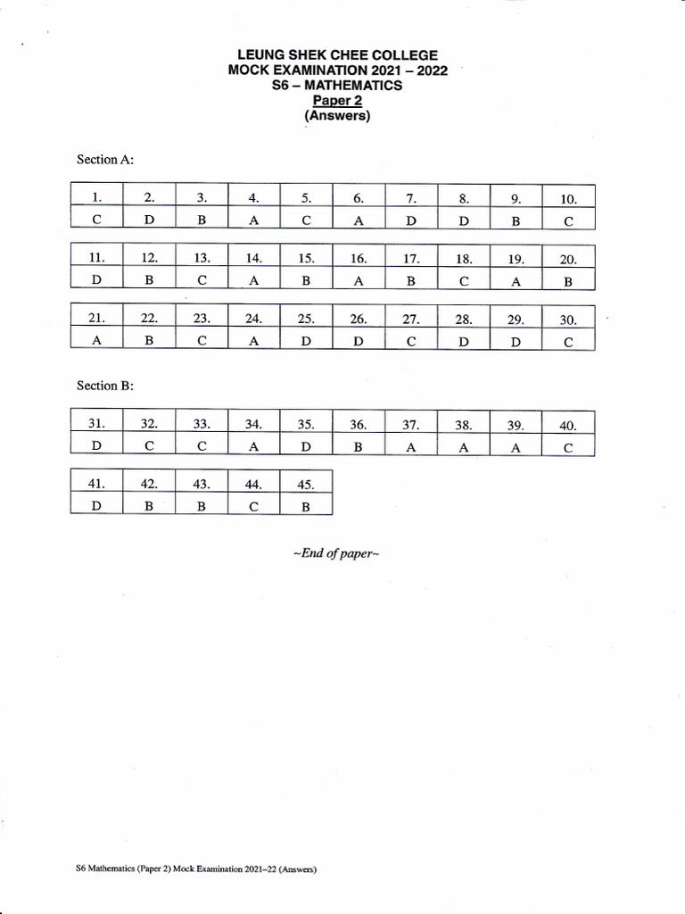 S6 Math Core ME(2) Answer 2021-2022 | PDF