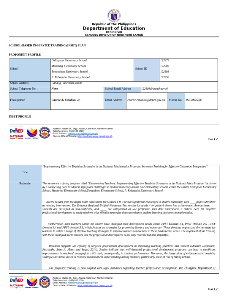 INSET-Plan-Tongodnon-ES-SY-2024-2025 - 040518 2 | PDF | Differentiated ...