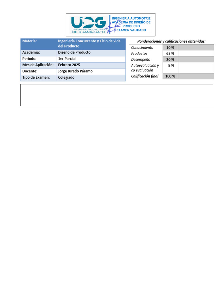 Examen de Ingeniería Concurrente 2025 | PDF | Evaluación del ciclo de vida | Diseño