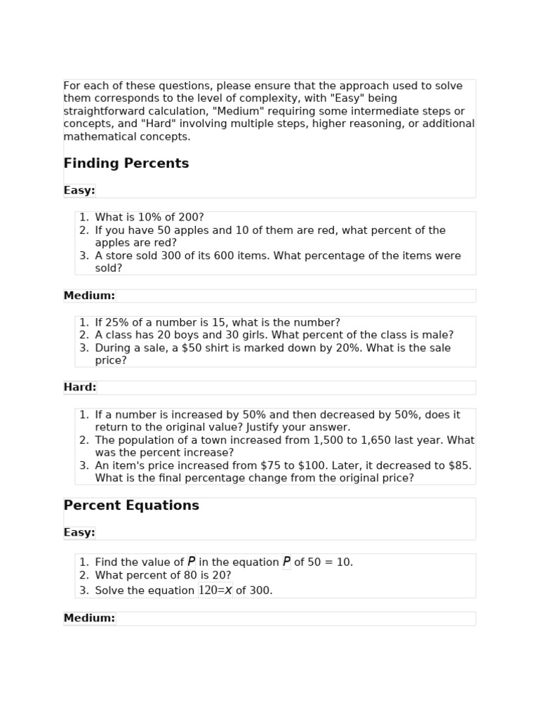 Percentages: Easy to Hard Problems | PDF | Percentage | Interest