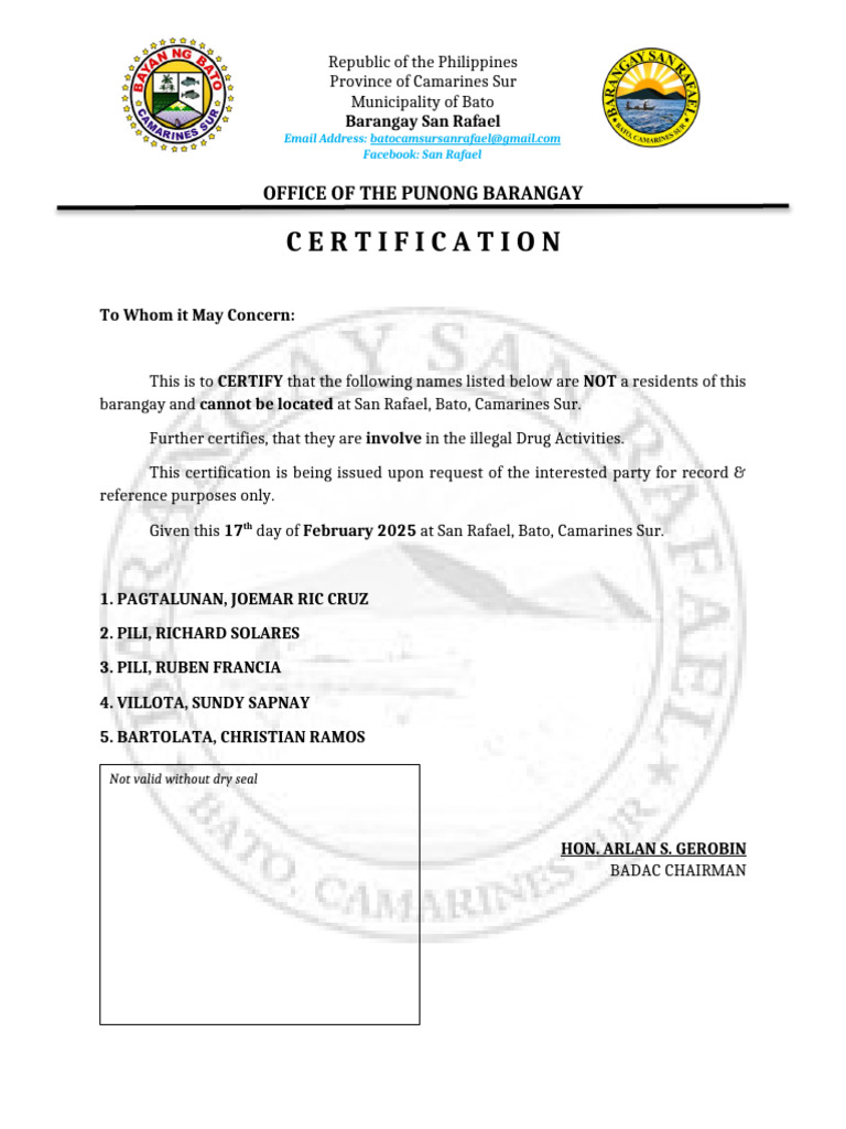 Barangay Certification of Non-Residents | PDF