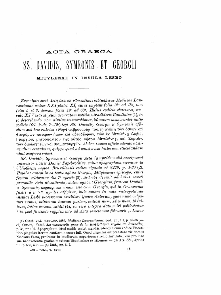 Acta Graeca SS. Davidis, Symeonis Et Georgii, Mitylenae in Insula Lesbo ...