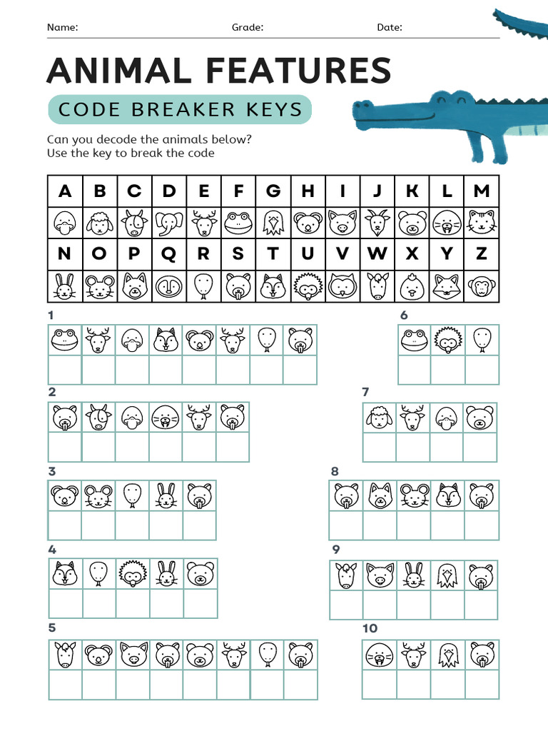 Animal Features Code Breaker Worksheet in Colorful Simple Style | PDF