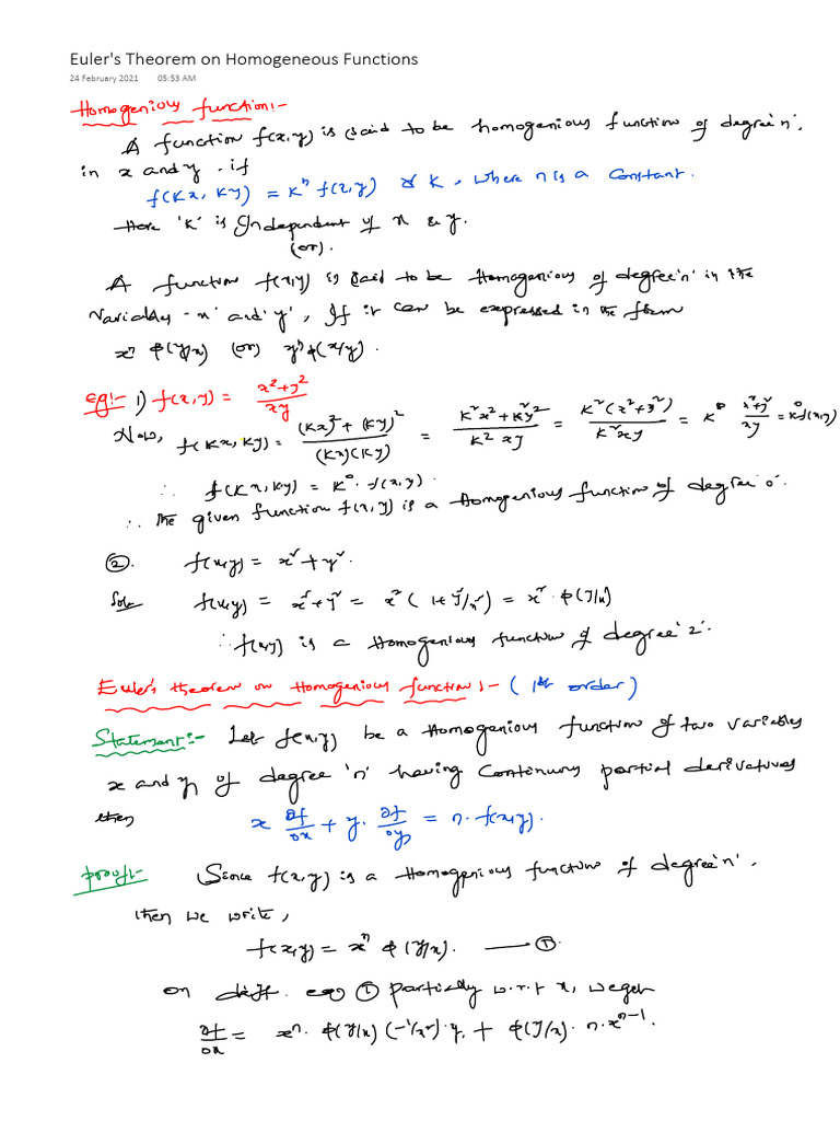Euler's Theorem On Homogeneous Functions | PDF