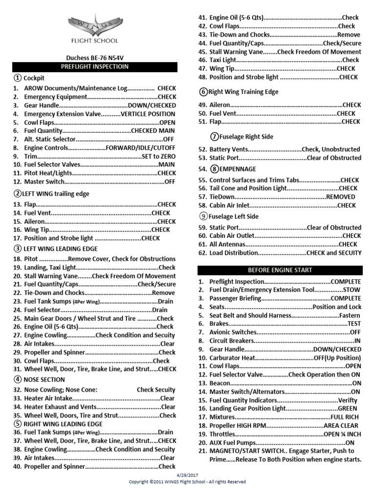 Beechcraft Duchess BE 76 Checklist | PDF | Engines | Carburetor