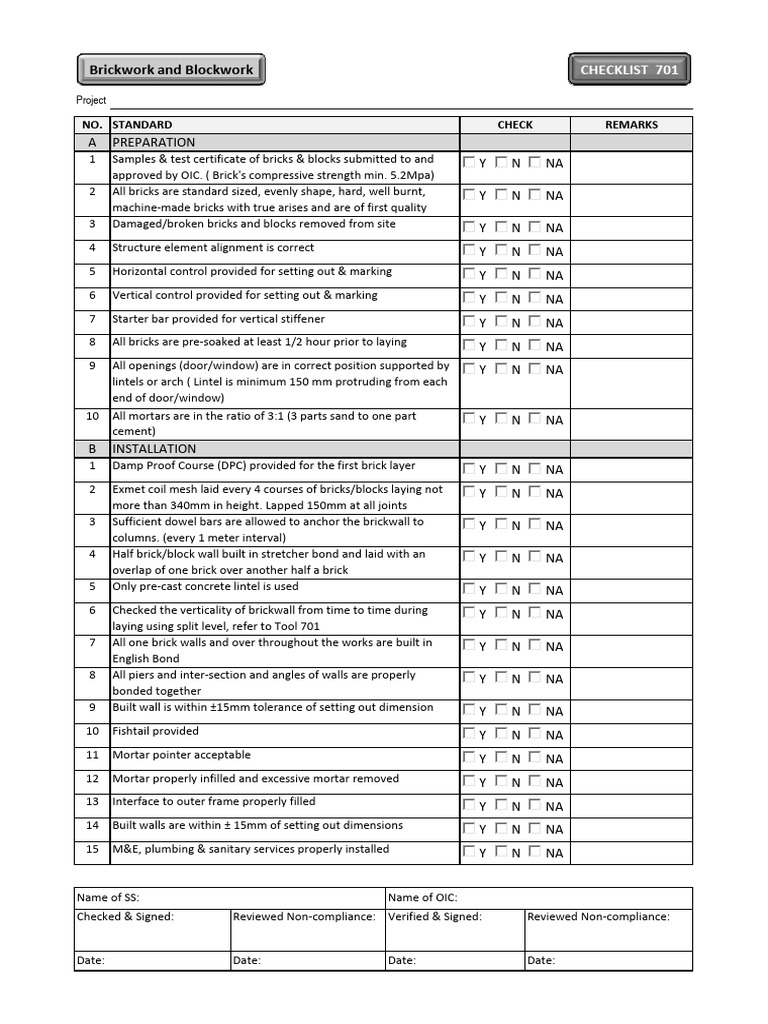 Checklist701 - Brickwork and Blockwork | PDF | Brick | Masonry