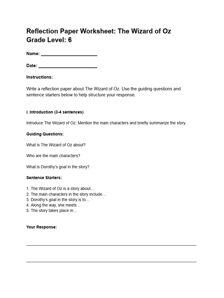 Reflection Paper Worksheet- The Wizard of Oz | PDF | Dorothy Gale | Oz ...