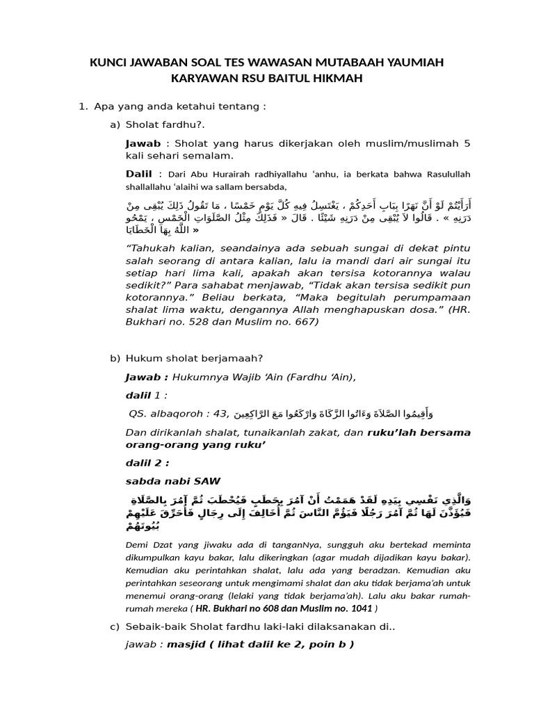 Kunci Jawaban Tes Wawasan Mutabaah | PDF