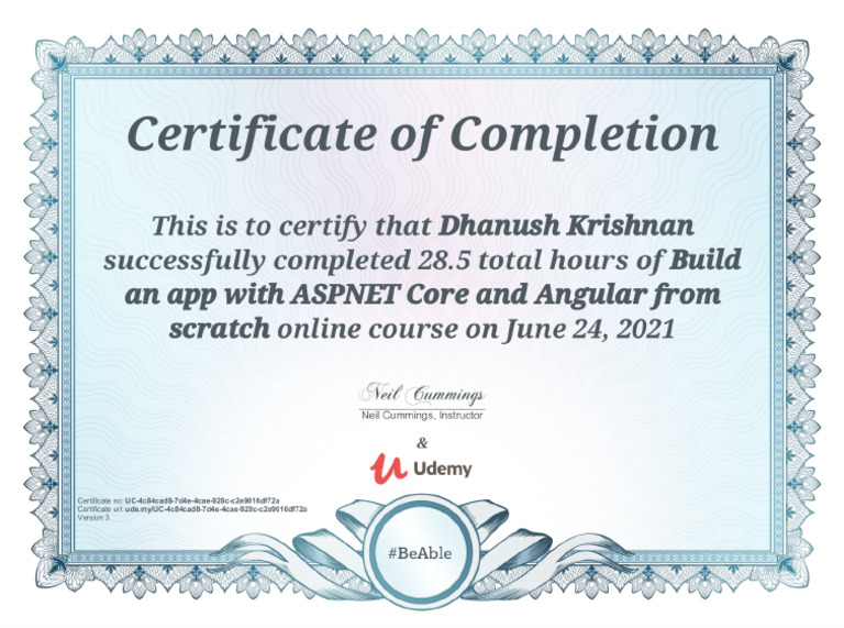 ASP.NET COURSE COMPLETION CERTIFICATE Dhanush | PDF