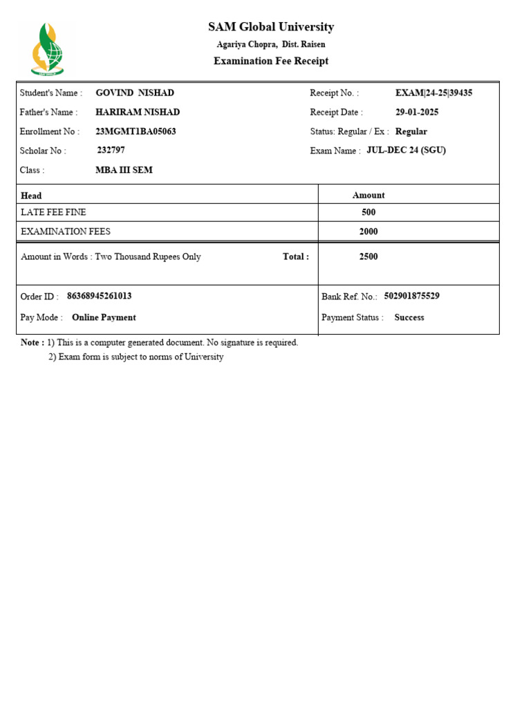 Sgu Online Marksheet Sample | PDF