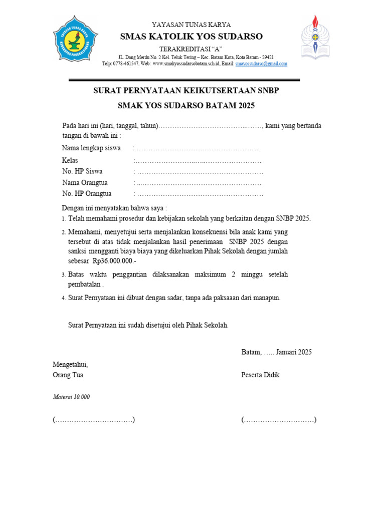 Surat Pernyataan Mengikuti SNBP 2025_231 | PDF