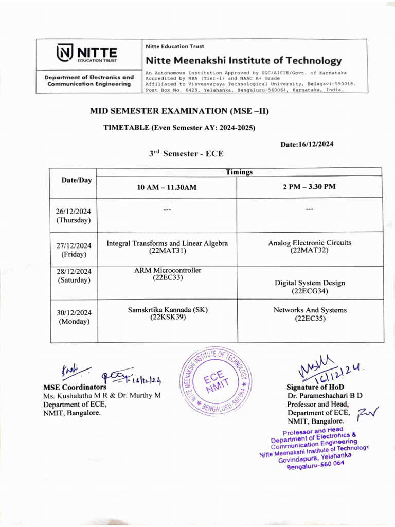 MSE - 2 Time Table Updated1712 | PDF
