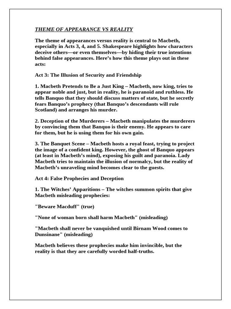 Theme of Appearance Vs Reality | PDF | Macbeth | Shakespearean Tragedies