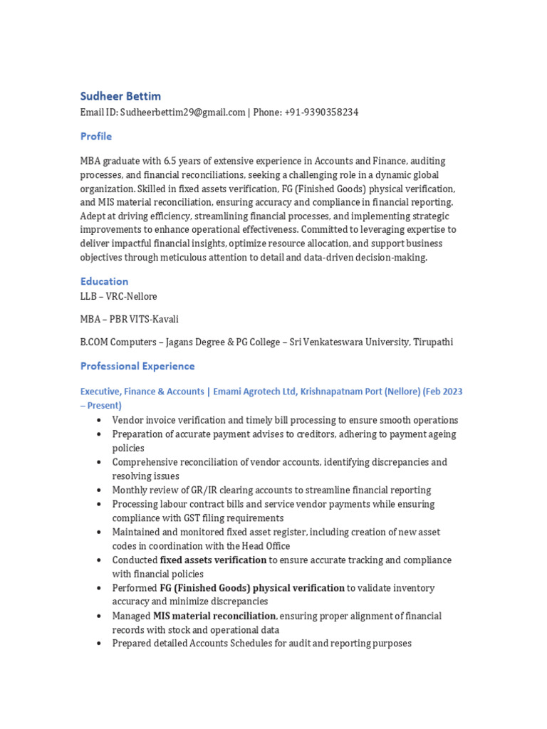 Sudheer Bettim - Resume Accounts | PDF | Audit | Regulatory Compliance