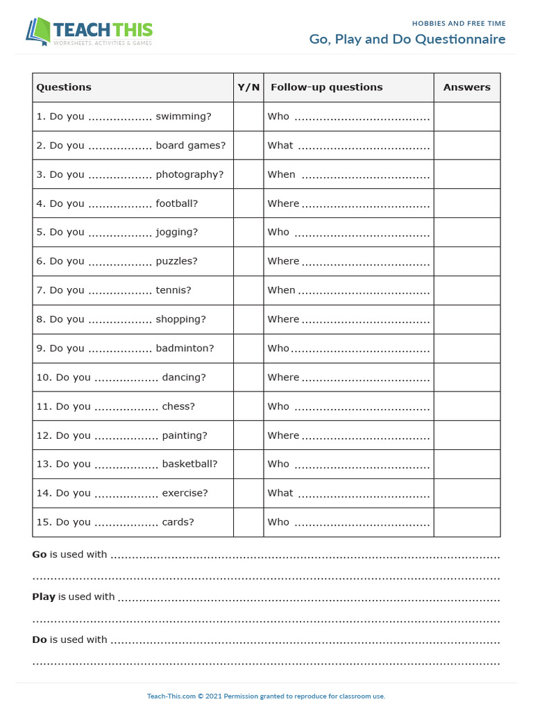 Go Play Do Questionnaire 2 | PDF