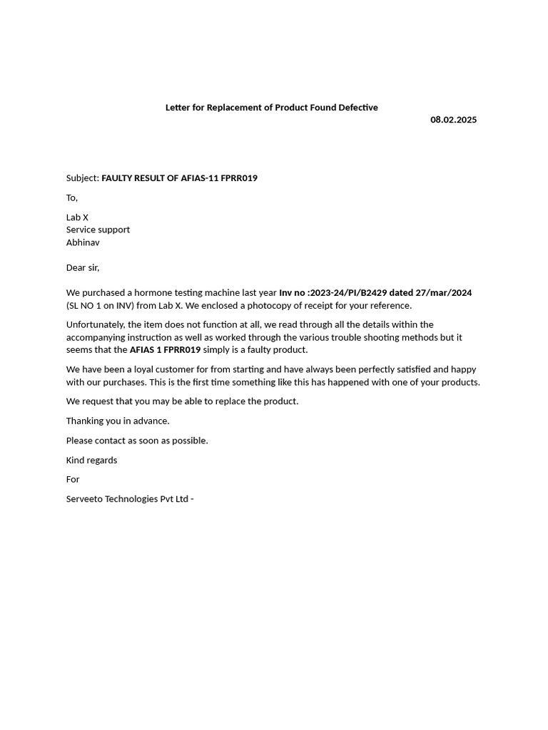 Letter For Replacement of Product Found Defective08 | PDF