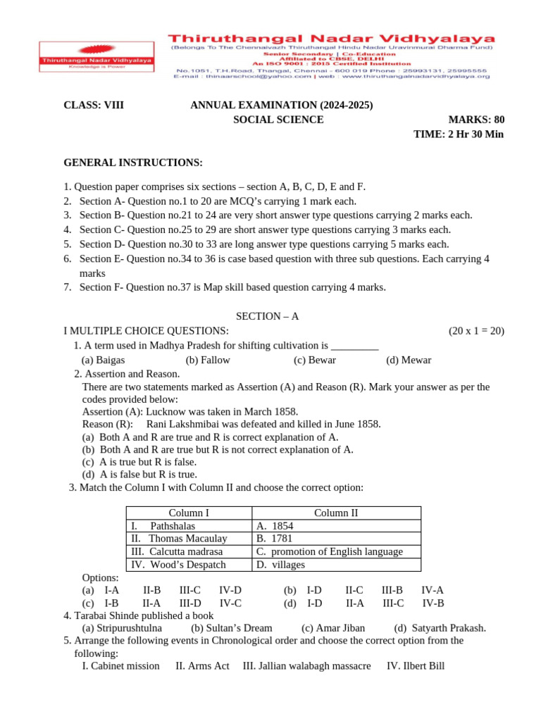 Annual Exam Question Paper Class 8 | PDF
