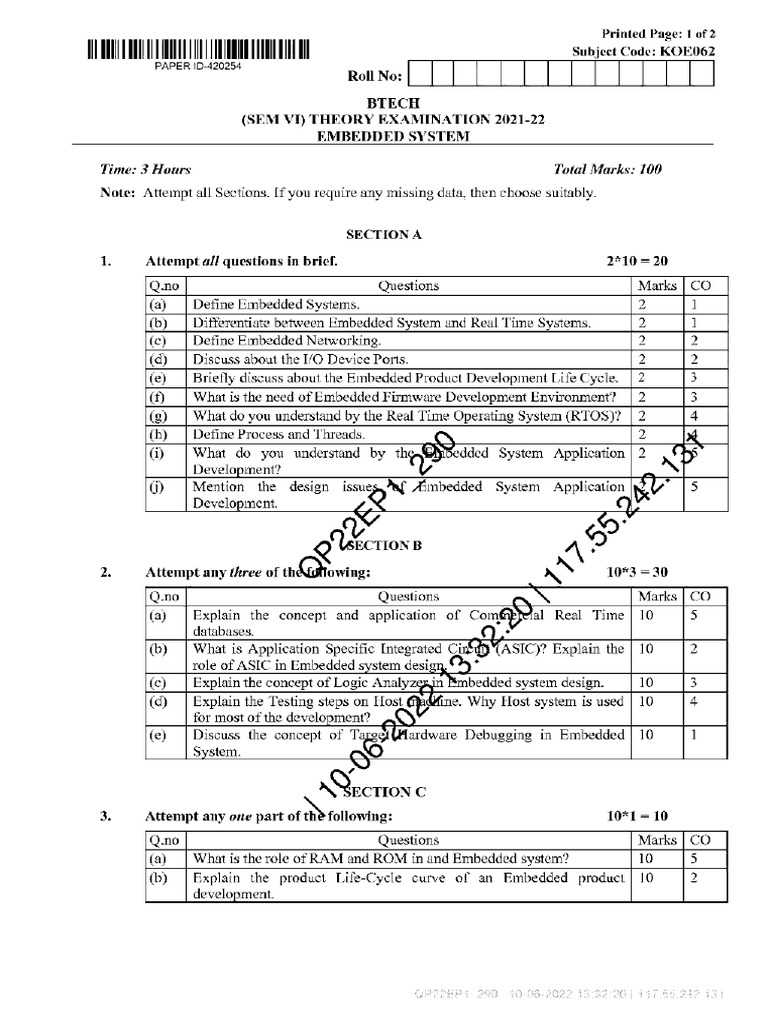 Btech Oe 6 Sem Embedded System Koe062 2022 | PDF