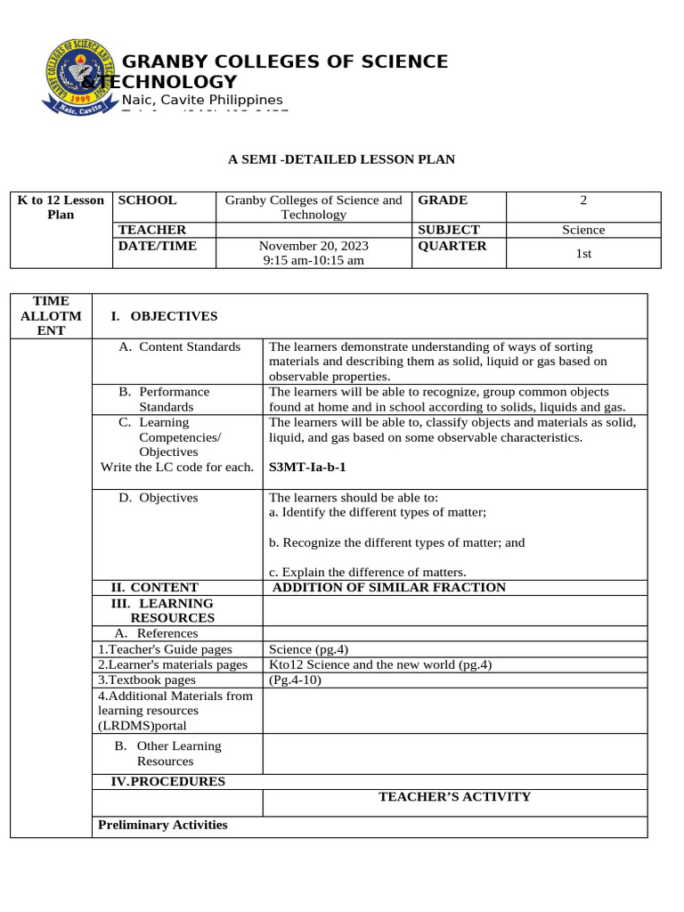 Beed Lesson Plan Format | PDF | Matter | Liquefied Petroleum Gas