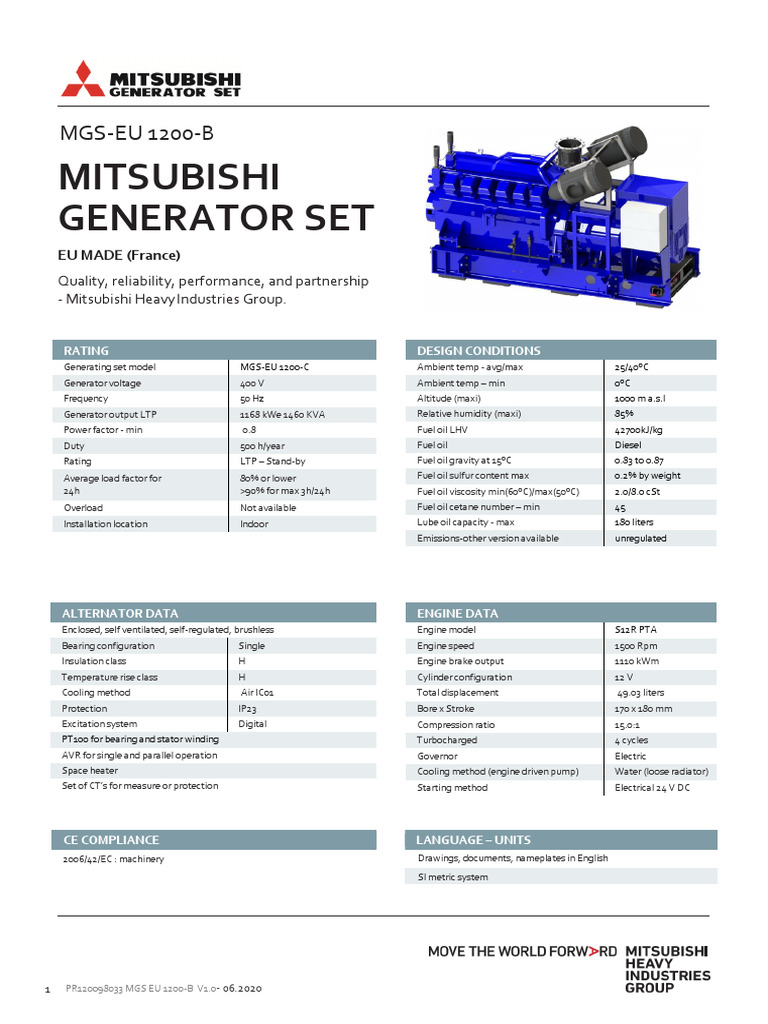 Mitsubishi Generator Set - MGS-EU-1200-B-Standby-Without-400V-50Hz ...