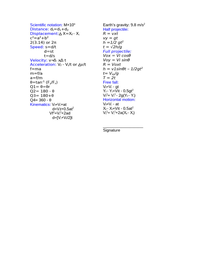 Physics Formulas for Motion and Forces | PDF