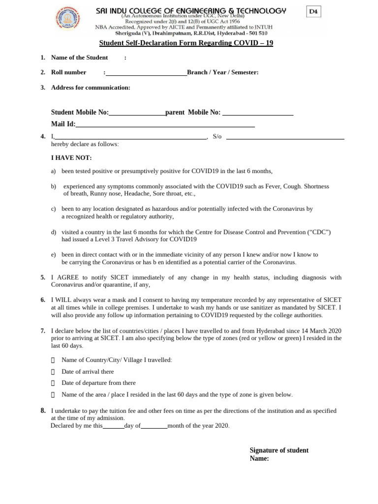 COVID - 19 Student Self Declaration Form | PDF | Public Health ...