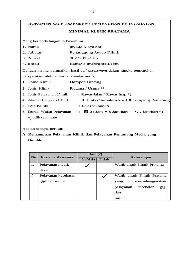 Dokumen Self Assesment Pemenuhan Persyaratan Minimal Klinik Pratama | PDF