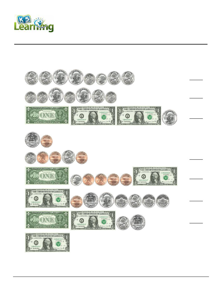 Grade 3 Counting Money Four Coins Plus One Dollar e | PDF
