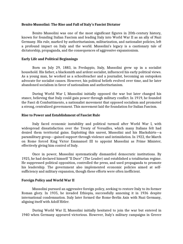 Benito Mussolini: A Life Summary | PDF | Benito Mussolini | Fascism