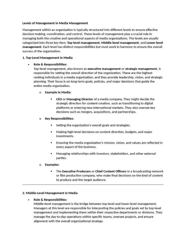 Levels of Management in Media Management | PDF | Mergers And ...