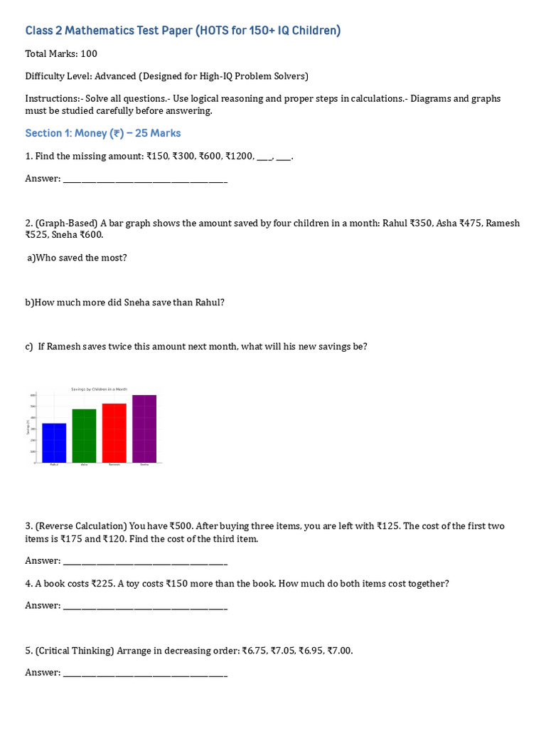 Class 2 Maths HOTS Test Paper Enhanced PDF | PDF