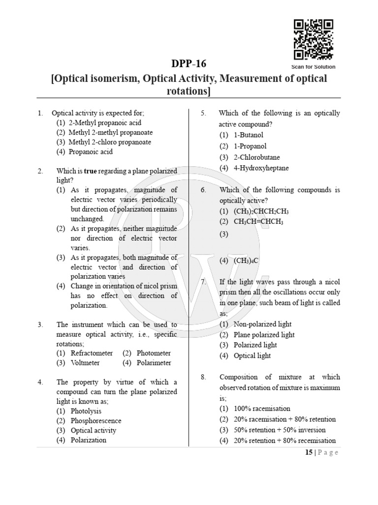 Merge DPP-10 - 21 - Isomerism Chemistry - Dropper NEET 15 | PDF | Polarization (Waves) | Optics