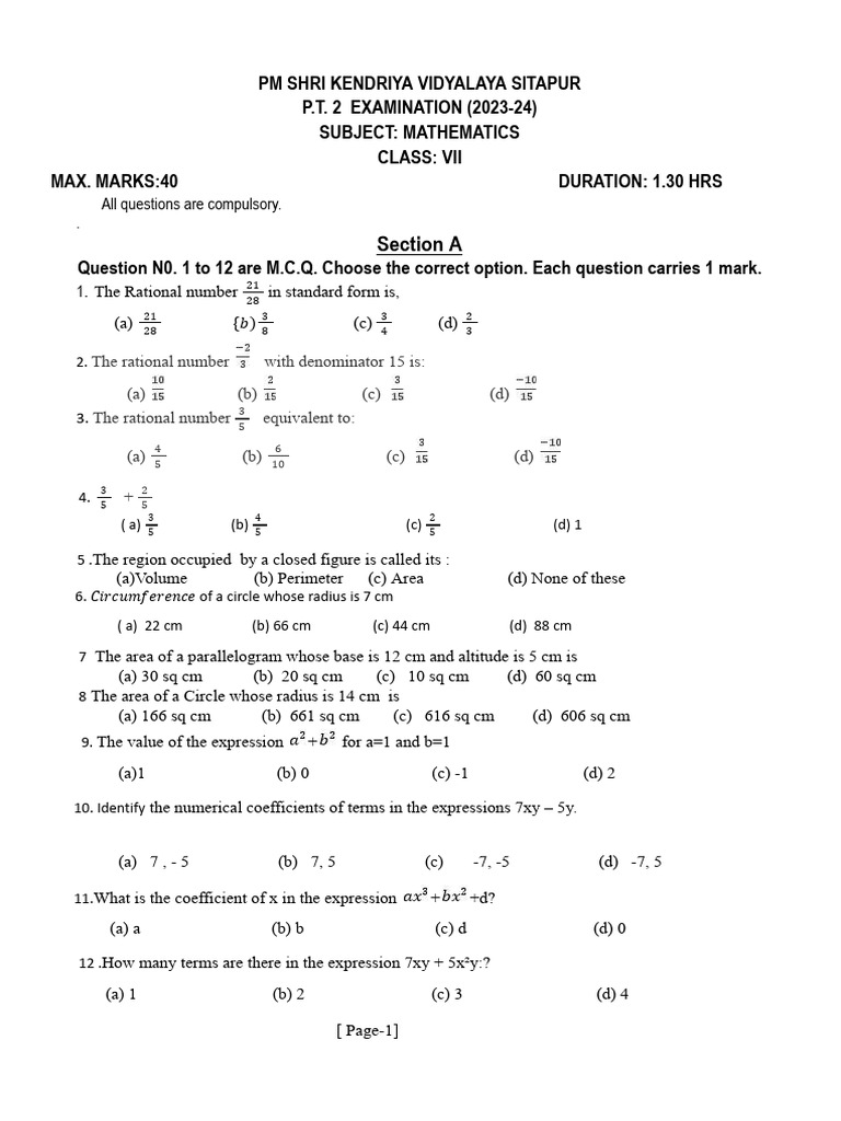 Class VII Mathematics Exam Paper | PDF | Area | Elementary Mathematics