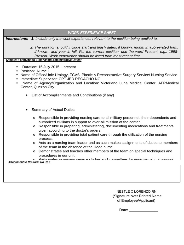 Work Experience Sheet Template | PDF