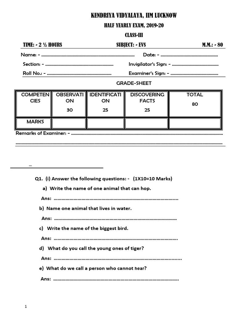 KV Class 3 Half Yearly Previous Year Question Paper 2020 EVS | PDF ...